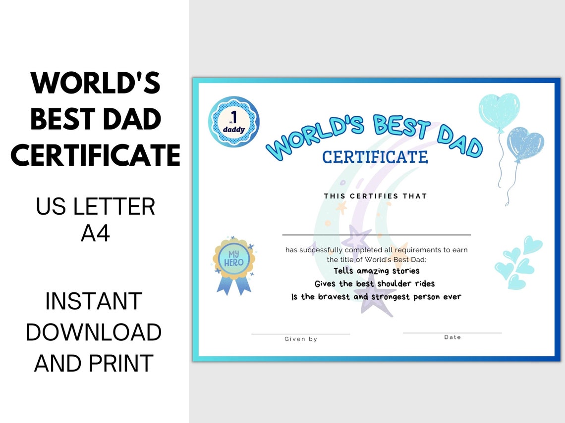 World's Best Dad Certificate Printable | Personalized Fathers Day Gift ...