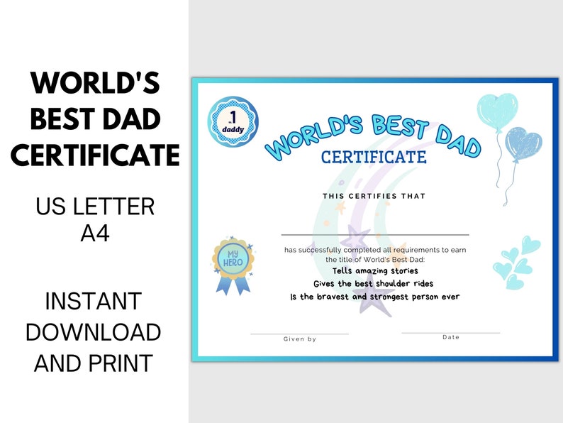 World's Best Dad Certificate Printable | Personalized Fathers Day Gift ...