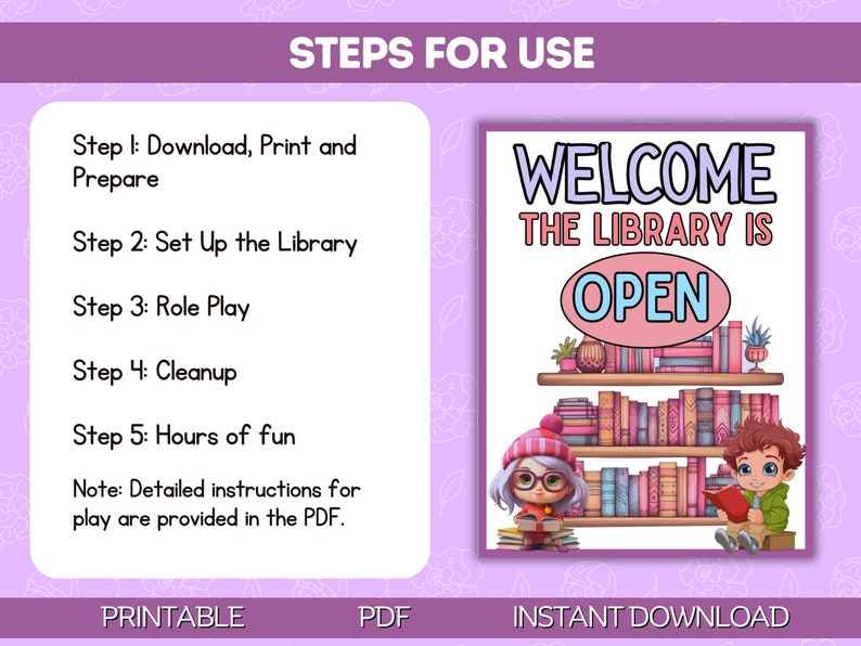 Library Pretend Play Printable Cool Purple-pink Kids Dramatic Play Set ...