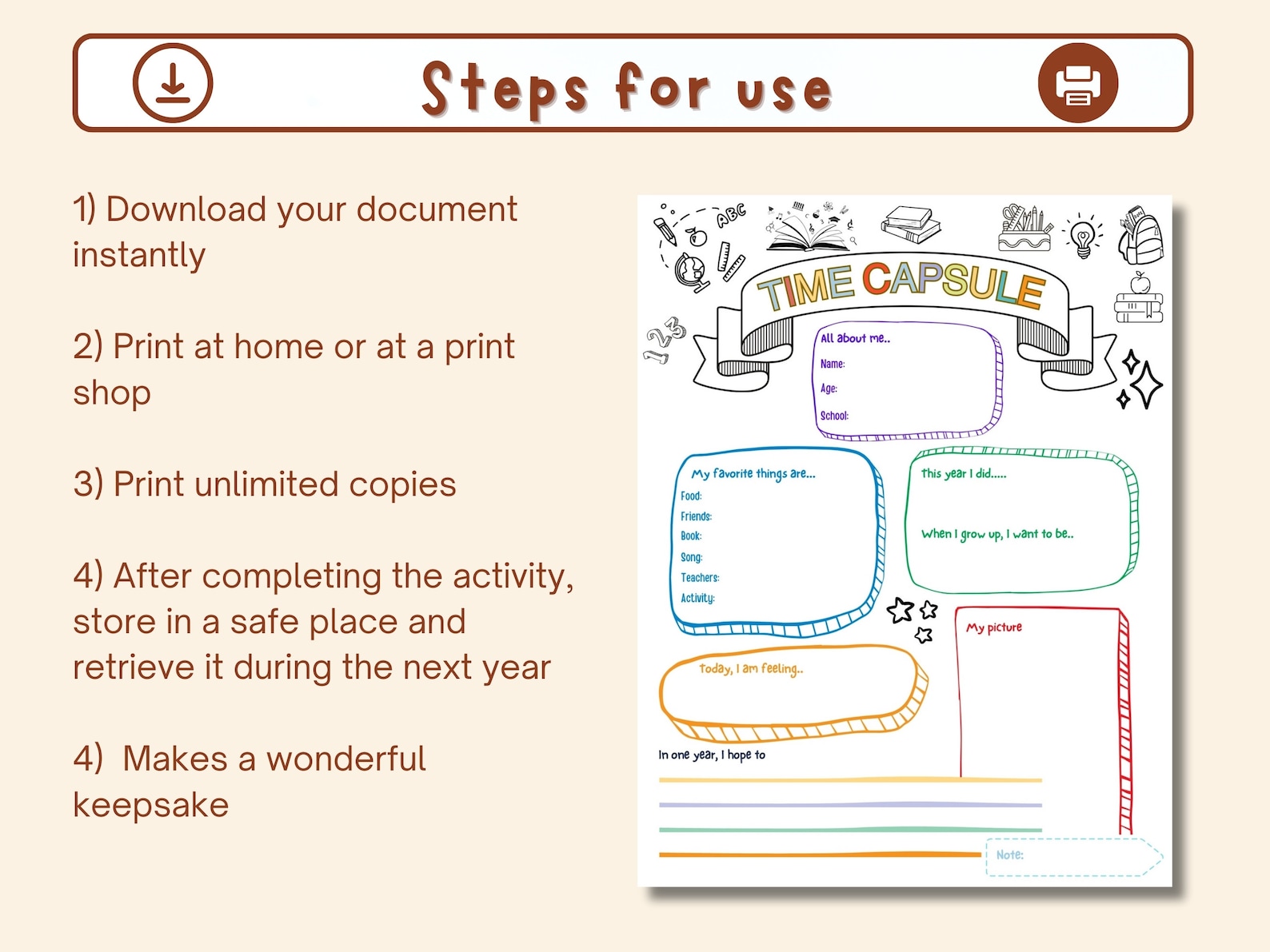 Printable Time Capsule Worksheet for Preschoolers, Elementary and ...