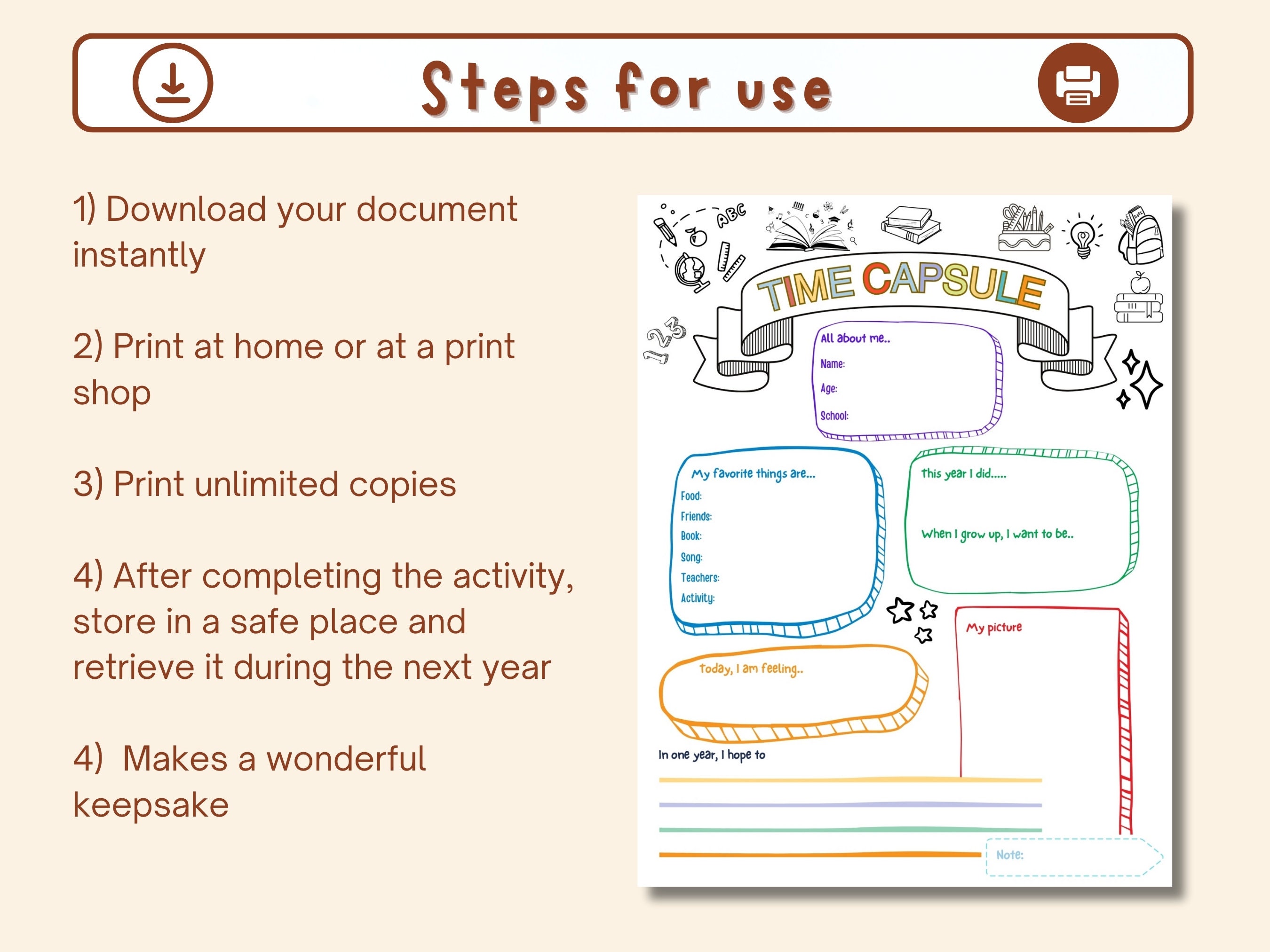 Printable Time Capsule Worksheet for Preschoolers, Elementary and ...
