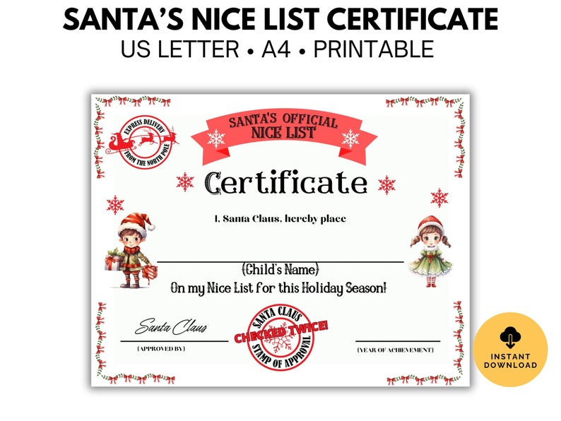 Santa's Nice List Certificate and Letter From Santa for Kids, Christmas ...