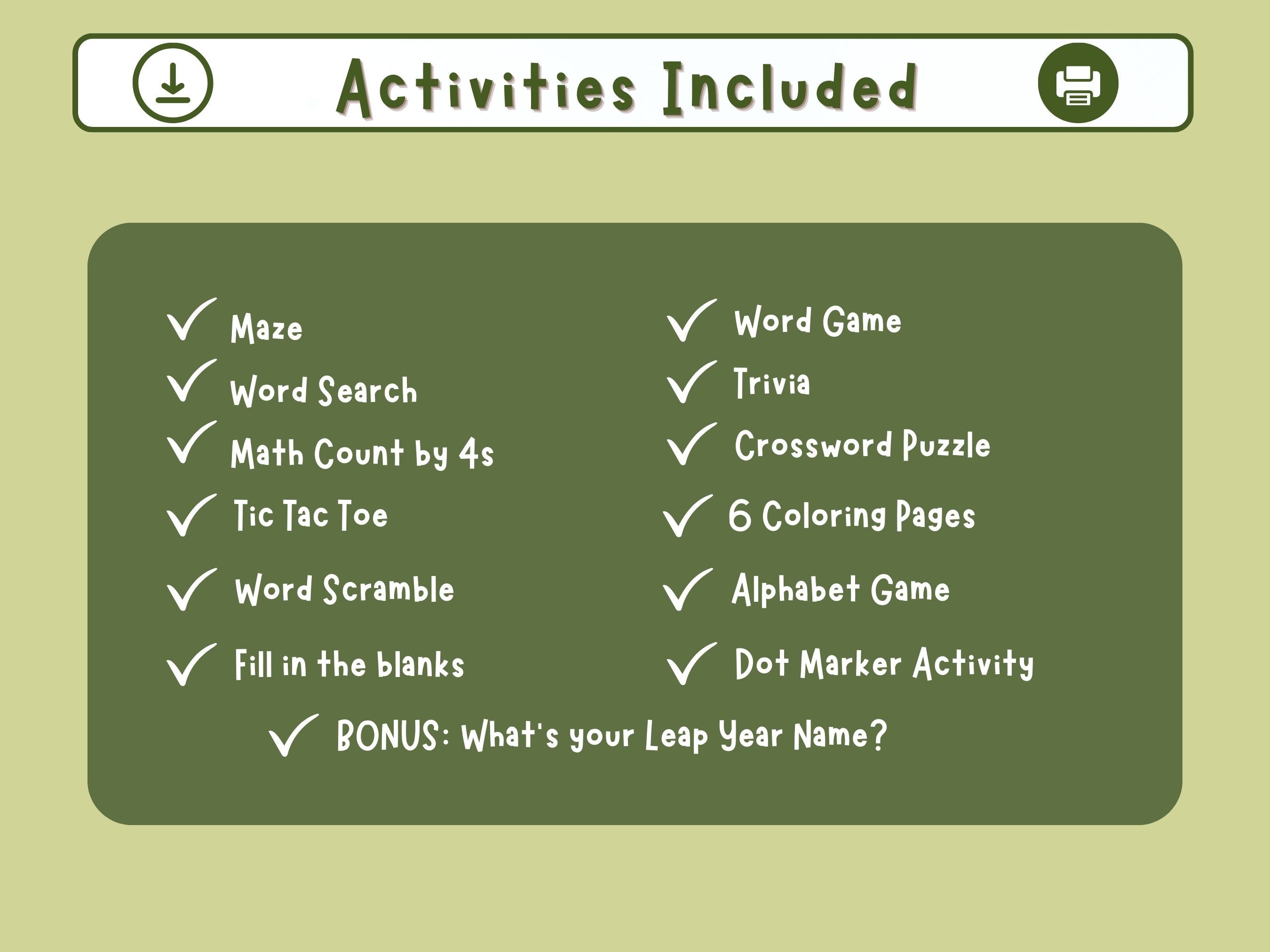 Leap Year Activity Pack of Educational Puzzles, Games, and Coloring Fun ...