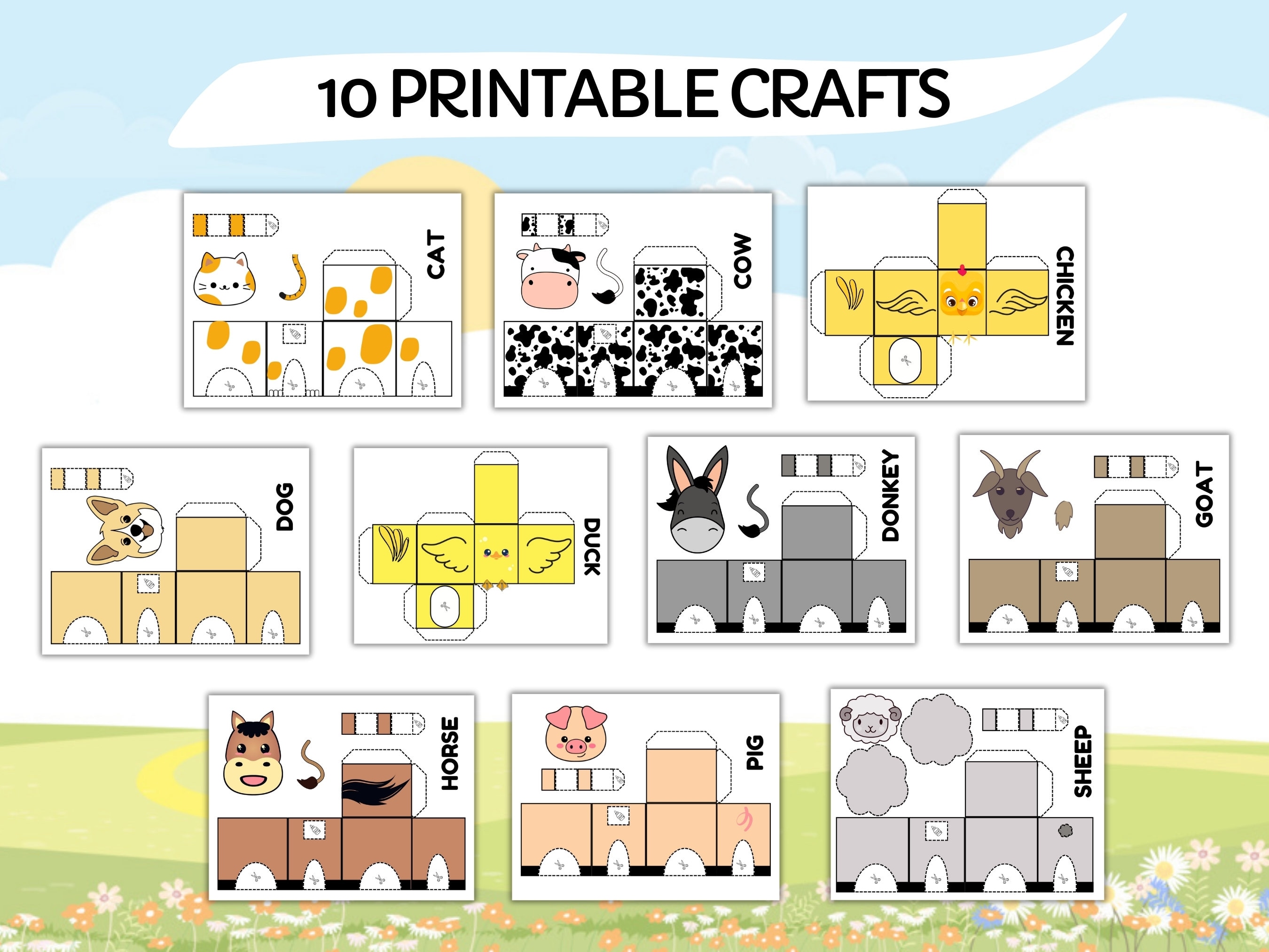10 Printable 3D Farm Animals Craft, Pig, Cow, Chicken, Horse, Sheep ...