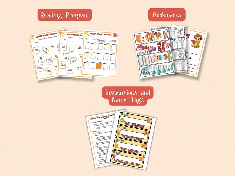Library Pretend Play Printable Warm Orange-brown Kids Dramatic Play Set ...