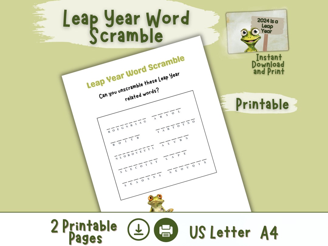 Leap Year Word Scramble Printable for Leap Day Birthday Party, Game for ...
