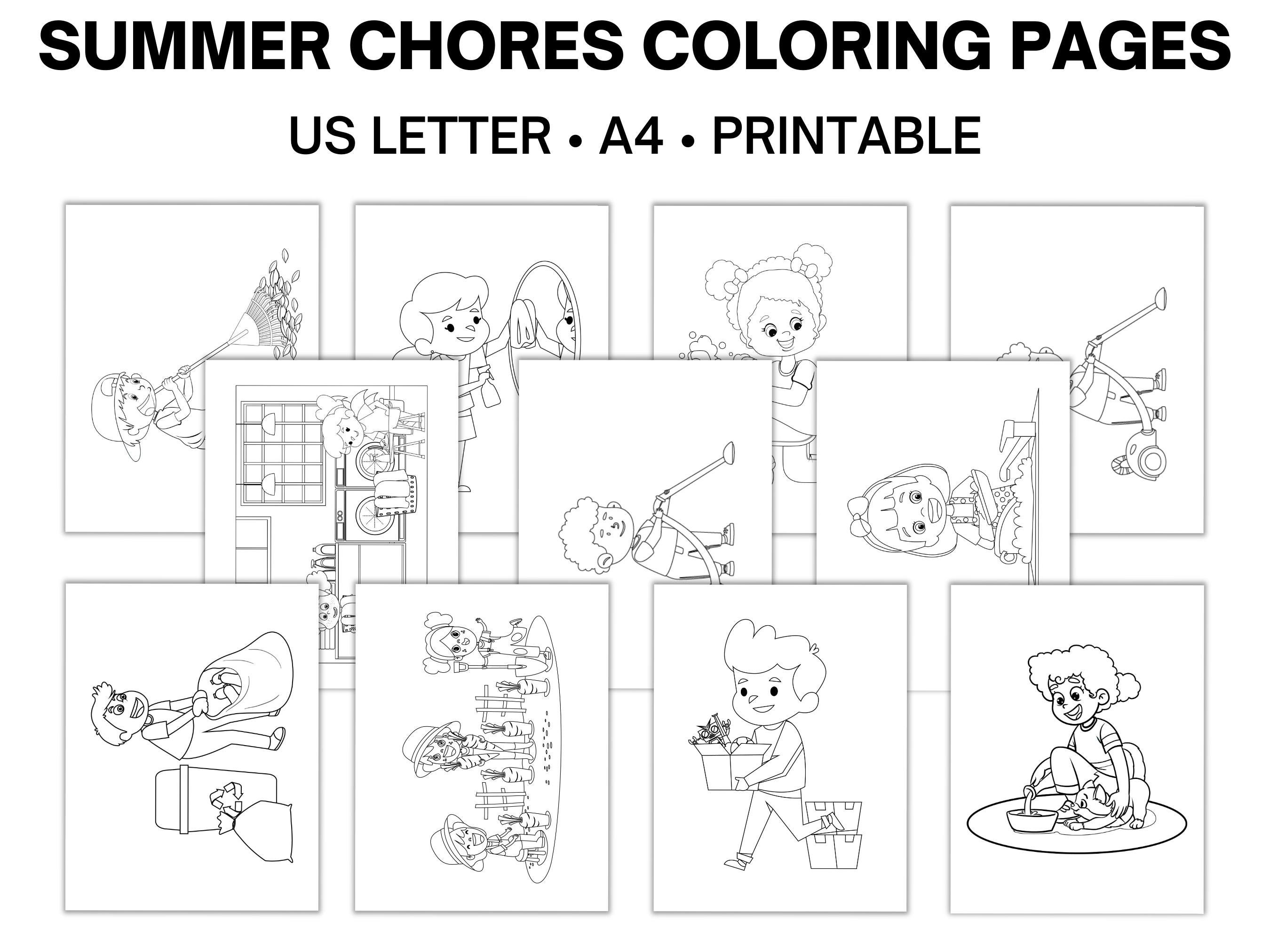 Summer Chores Coloring, Kids Coloring Pages, Summer Fun Coloring, Kids ...