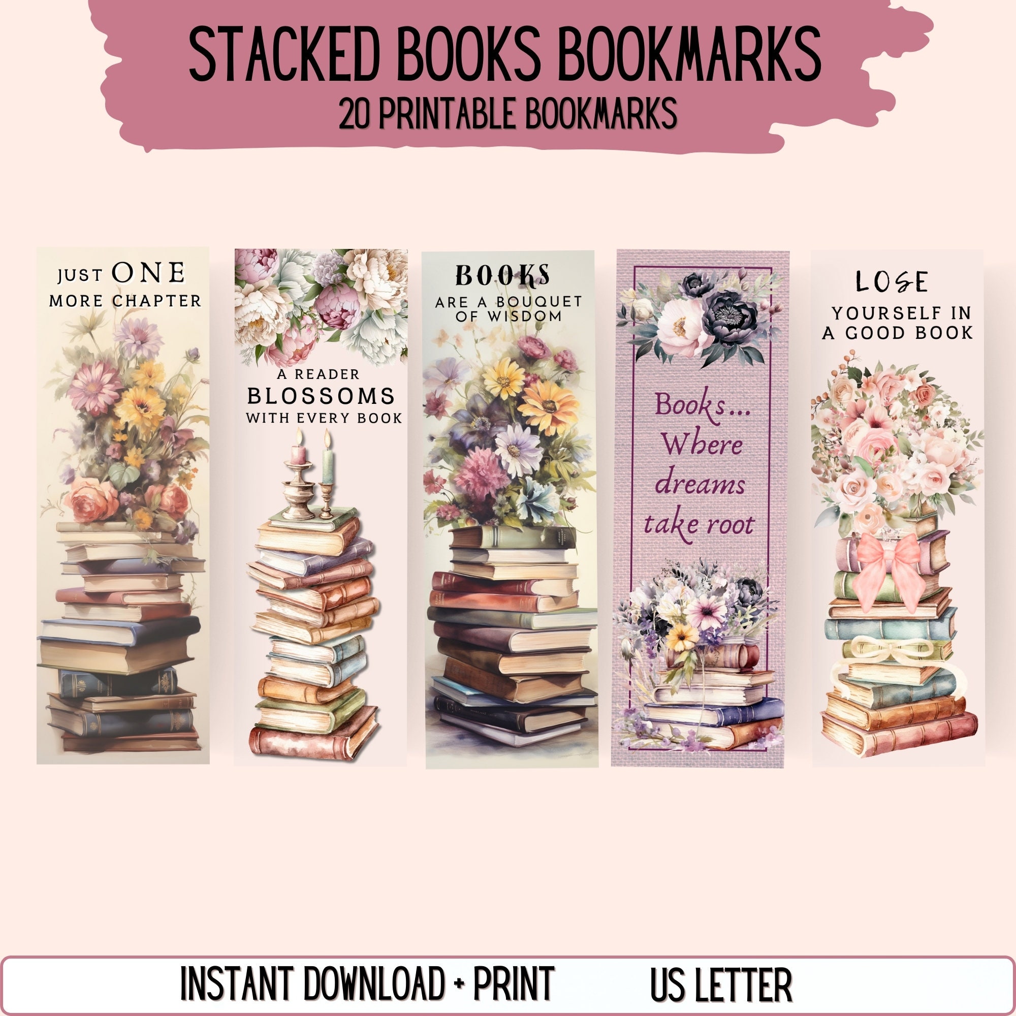 Stacked Books Floral Printable Bookmarks Set, Perfect Gift for Book ...