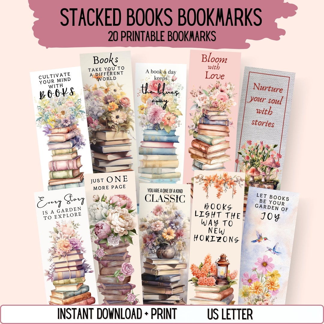Stacked Books Floral Printable Bookmarks Set, Perfect Gift for Book ...