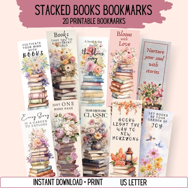 Stacked Books Floral Printable Bookmarks Set, Perfect Gift for Book ...