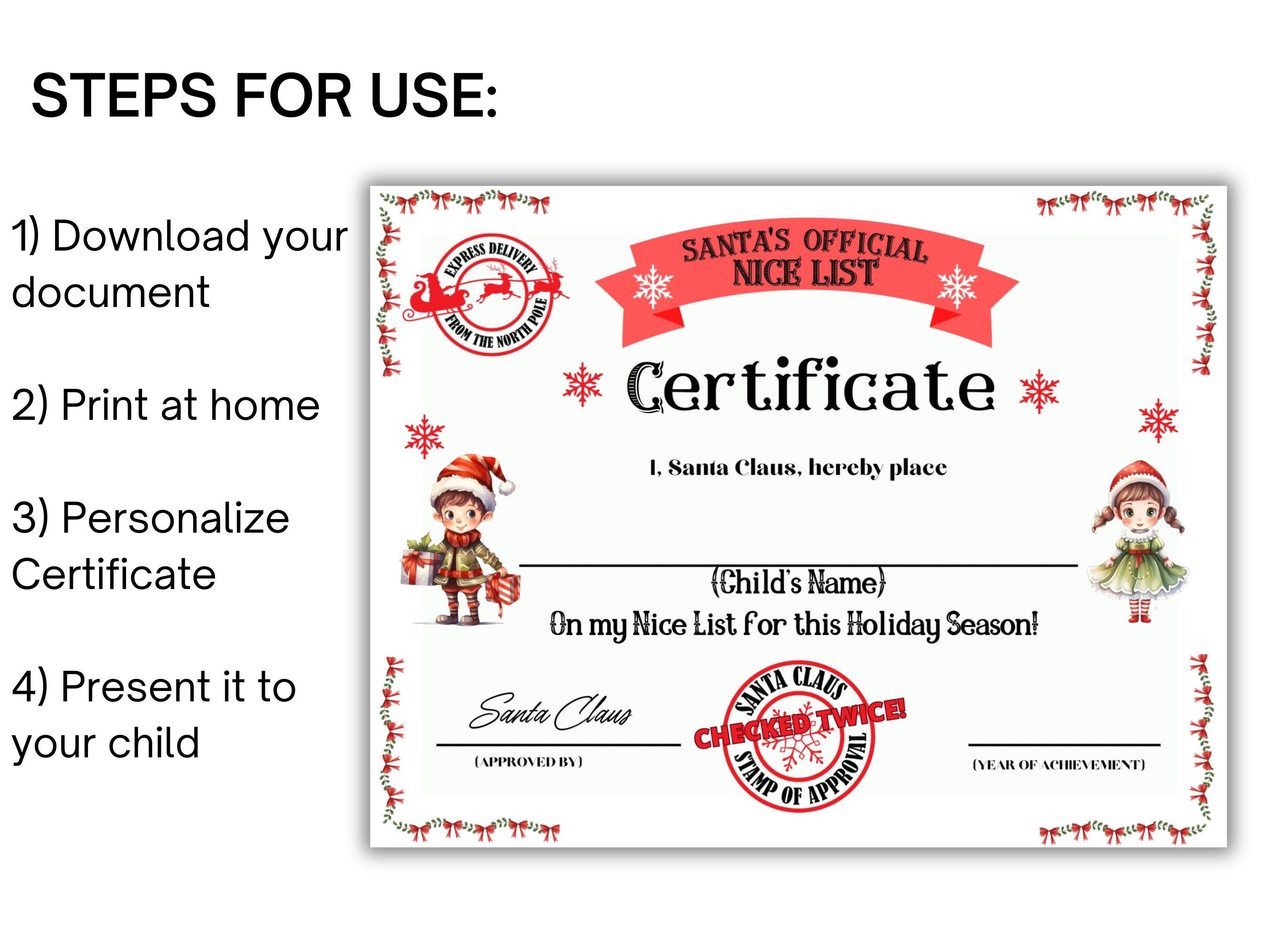 Santa's Nice List Certificate and Letter From Santa for Kids, Christmas ...