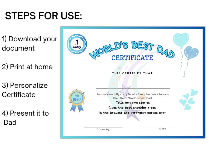 World's Best Dad Certificate Printable | Personalized Fathers Day Gift ...