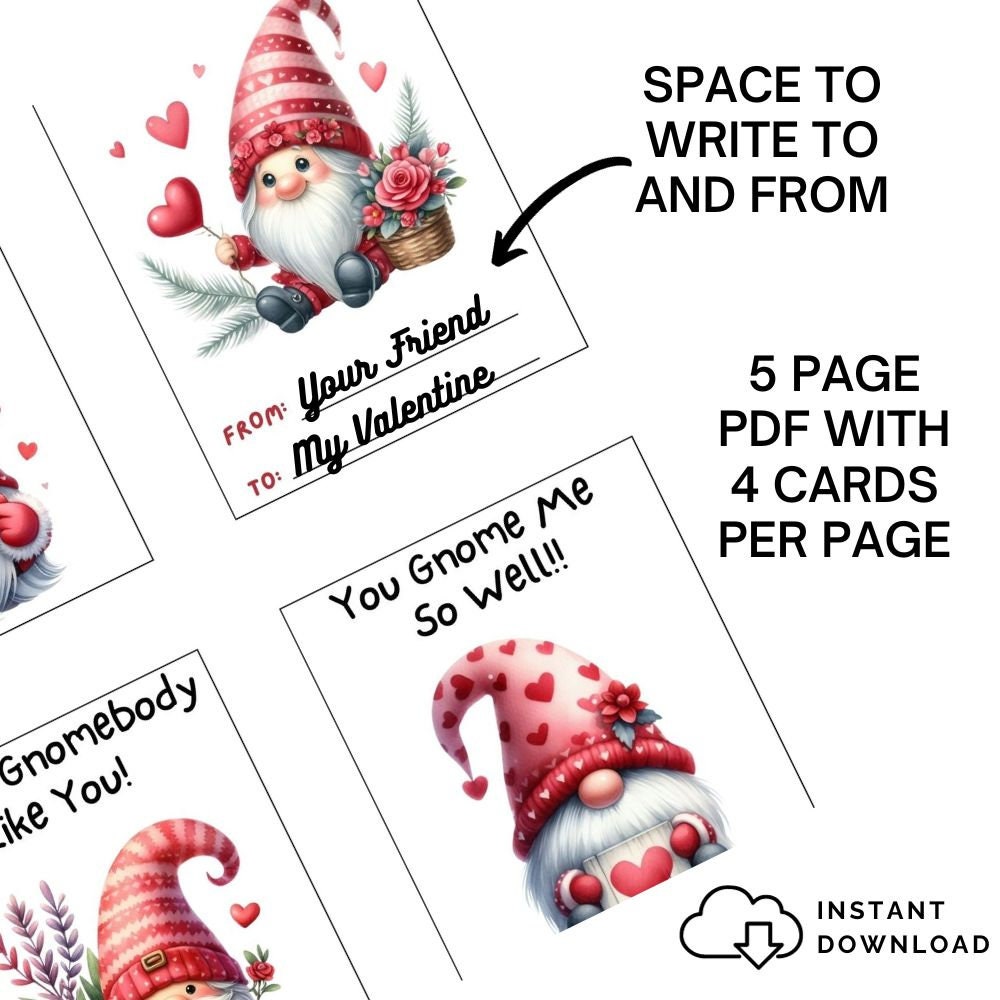 Printable Gnome Valentine's Day Cards, Perfect for Kids, Friends ...