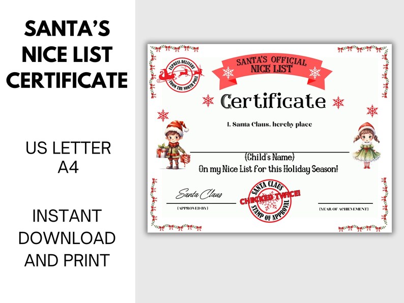 Santa's Nice List Certificate and Letter From Santa for Kids, Christmas ...