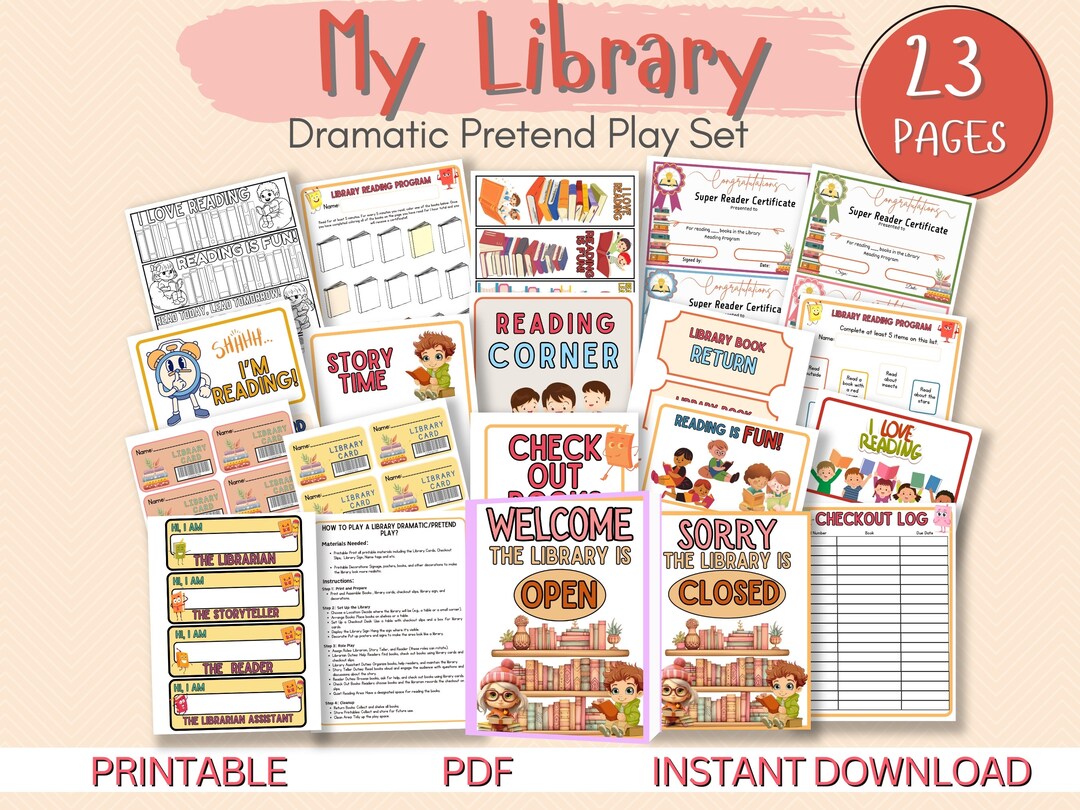 Library Pretend Play Printable Warm Orange-brown Kids Dramatic Play Set ...