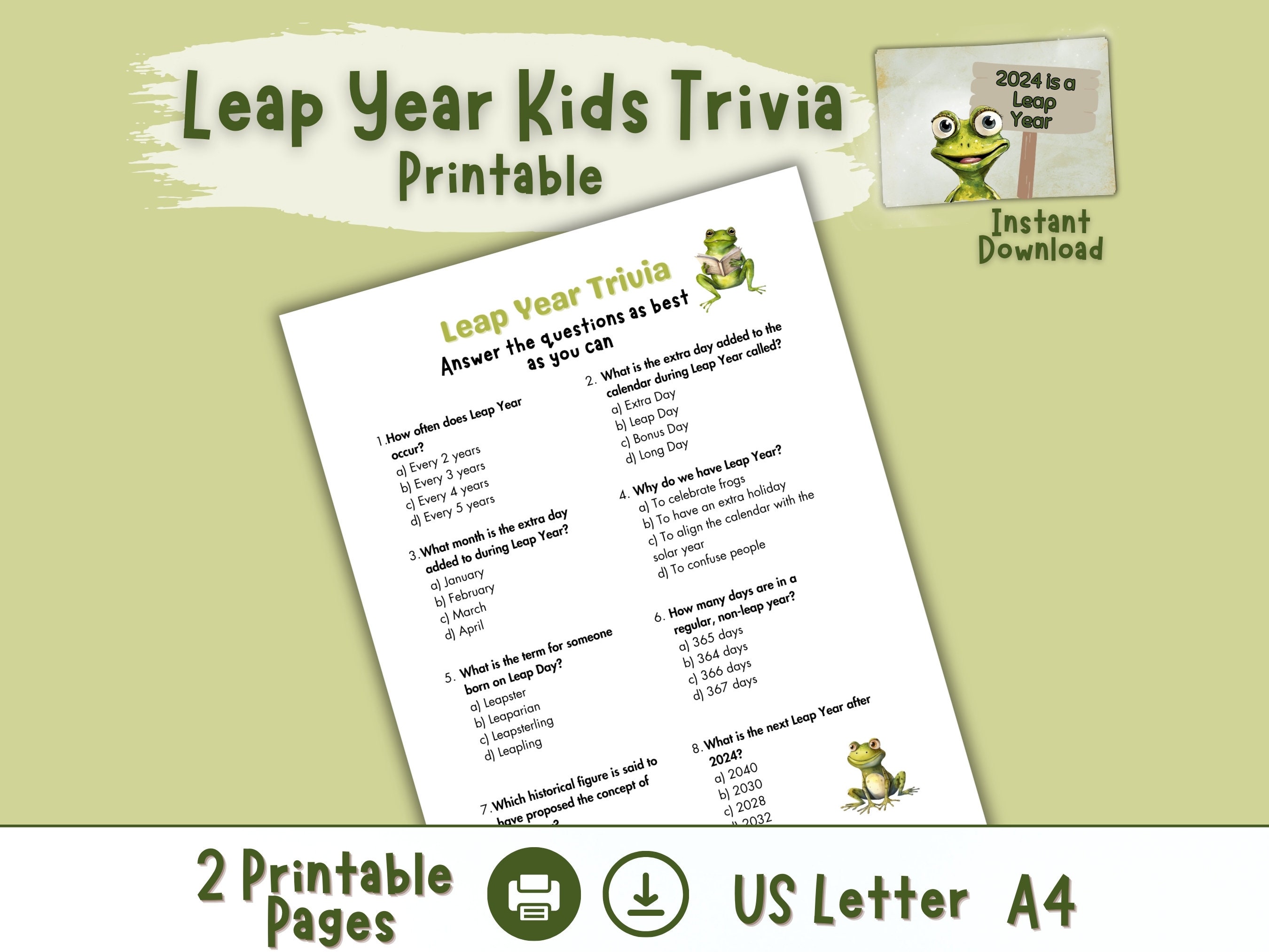 Leap Year Trivia Game Printable for Leap Day Birthday Party, Game for ...