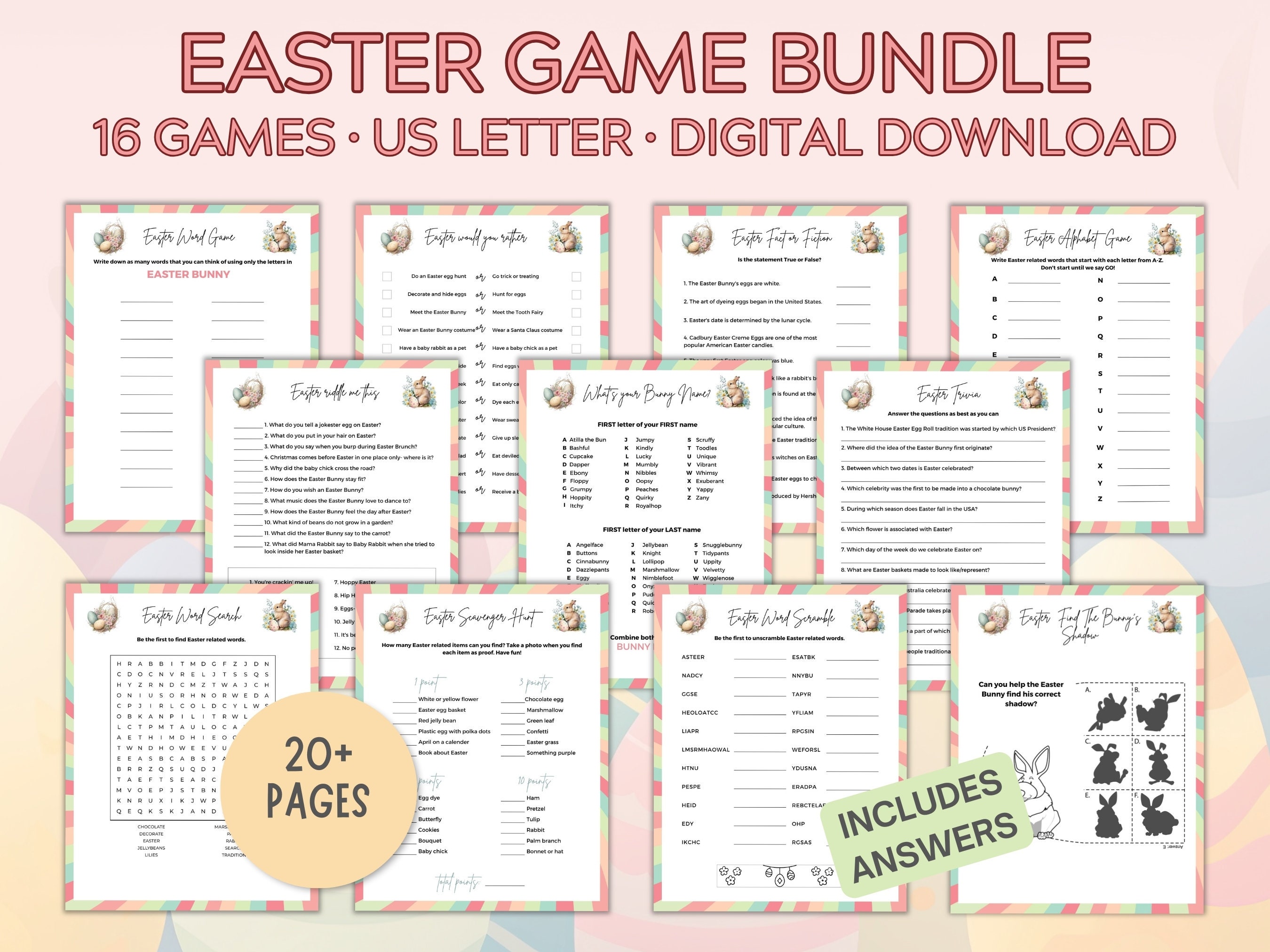 Easter Games Bundle Printable for Kids and Adults for Fun Teens Party ...