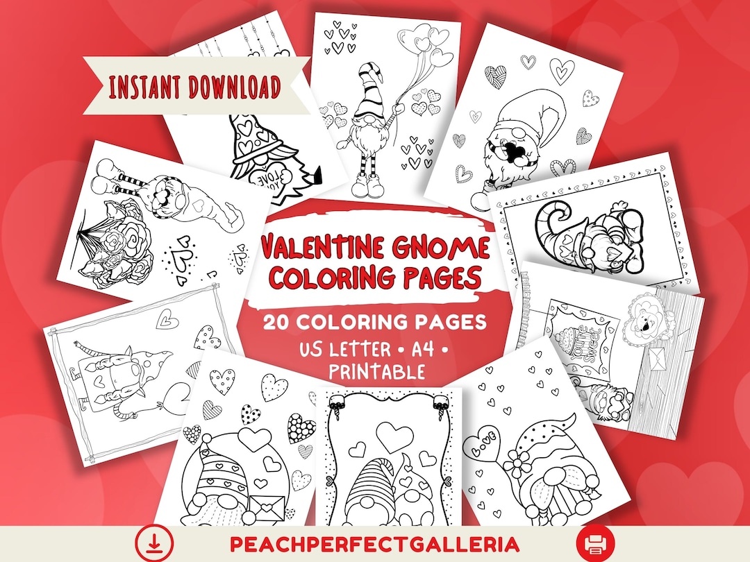 Printable Valentine Gnomes Coloring Pages for Kids and Adults, 20 Pack ...