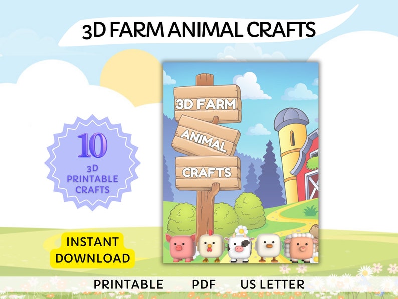 10 Printable 3D Farm Animals Craft, Pig, Cow, Chicken, Horse, Sheep ...