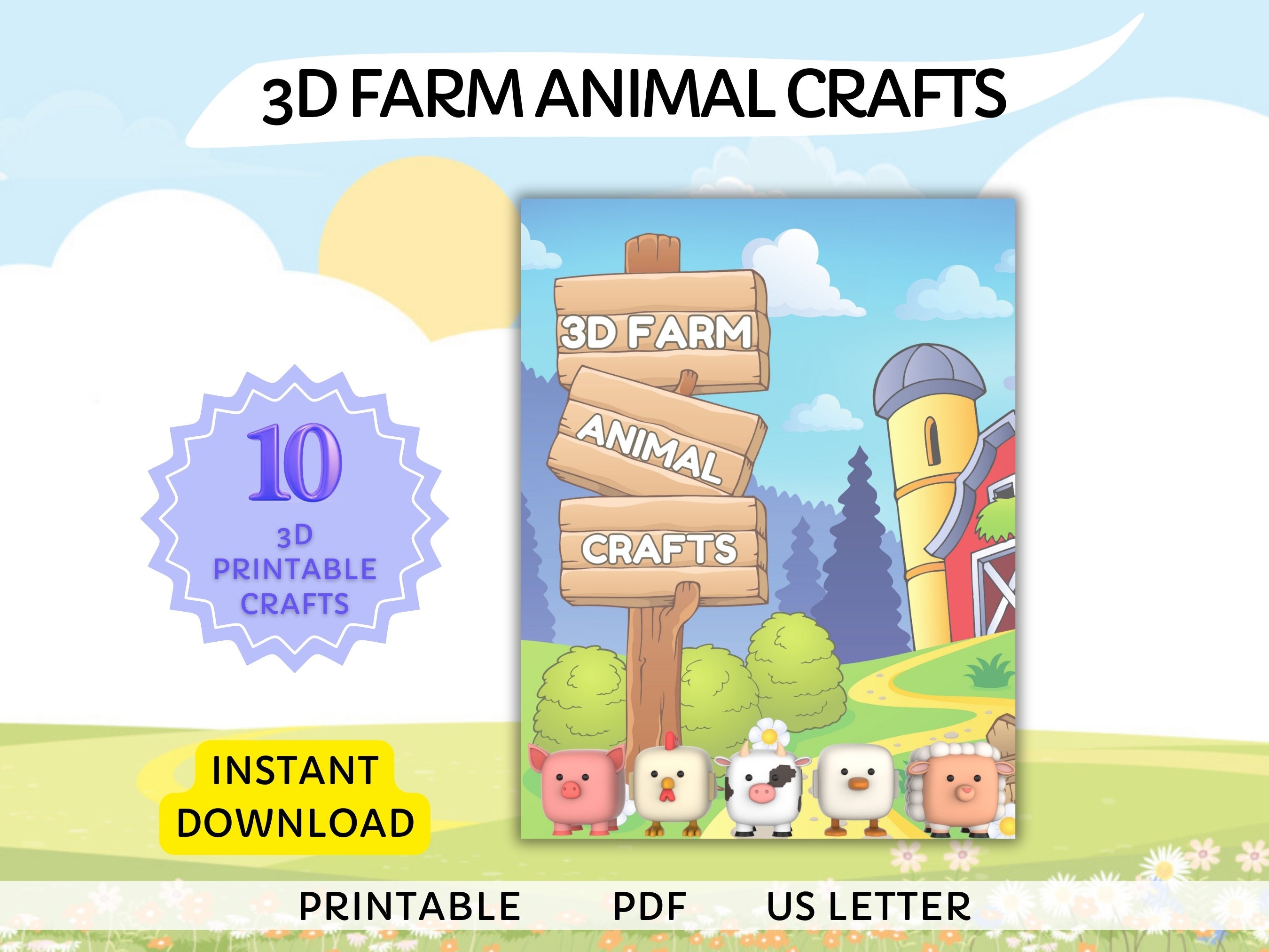 10 Printable 3D Farm Animals Craft, Pig, Cow, Chicken, Horse, Sheep ...