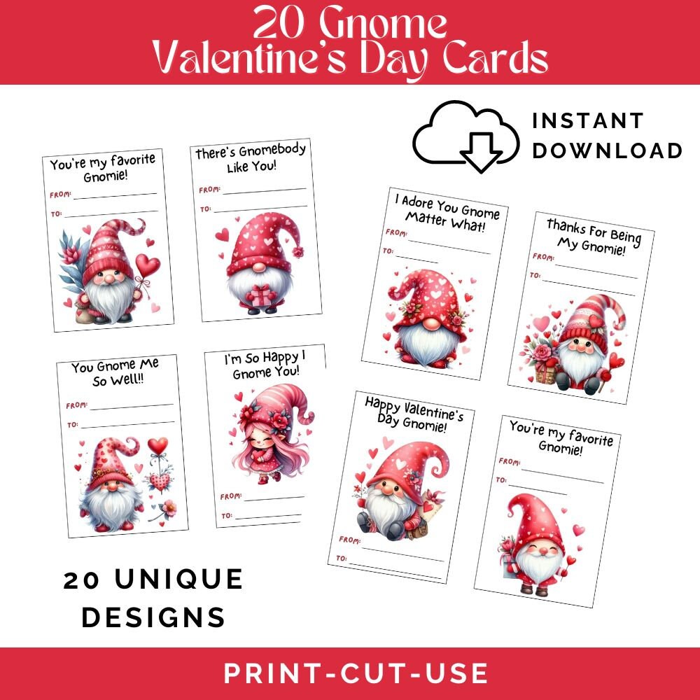 Printable Gnome Valentine's Day Cards, Perfect for Kids, Friends ...