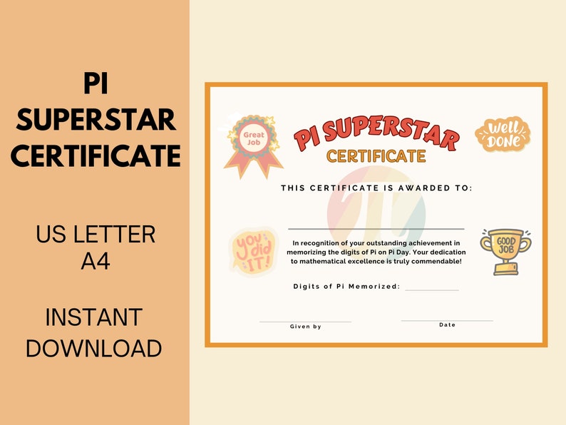 Customizable Pi Superstar Certificate Printable to Reward Kids Math ...