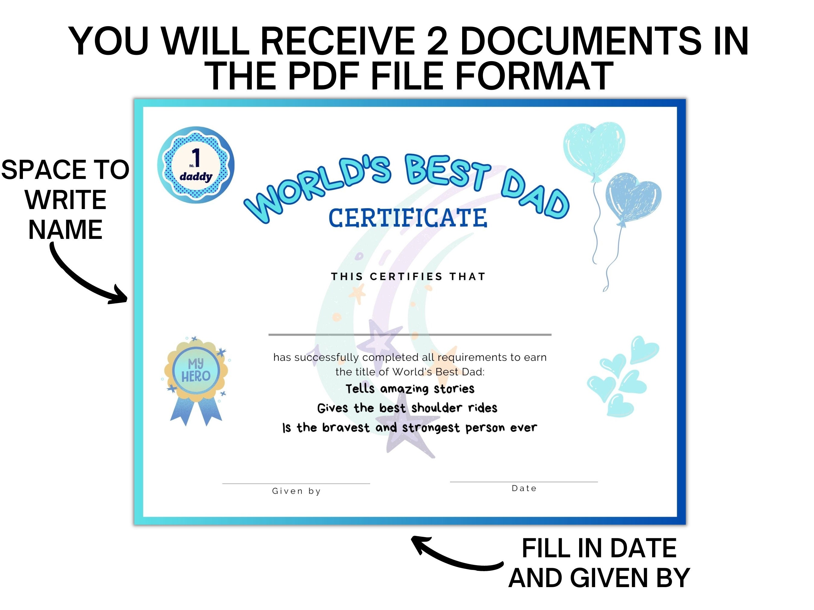 World's Best Dad Certificate Printable | Personalized Fathers Day Gift ...