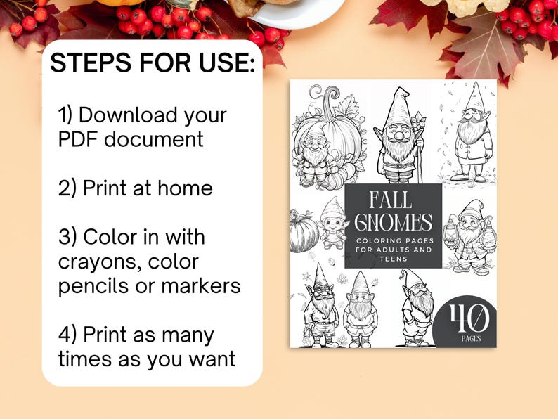 Fall Gnomes Coloring Pages for Adults & Teens, Relaxing Art Therapy ...