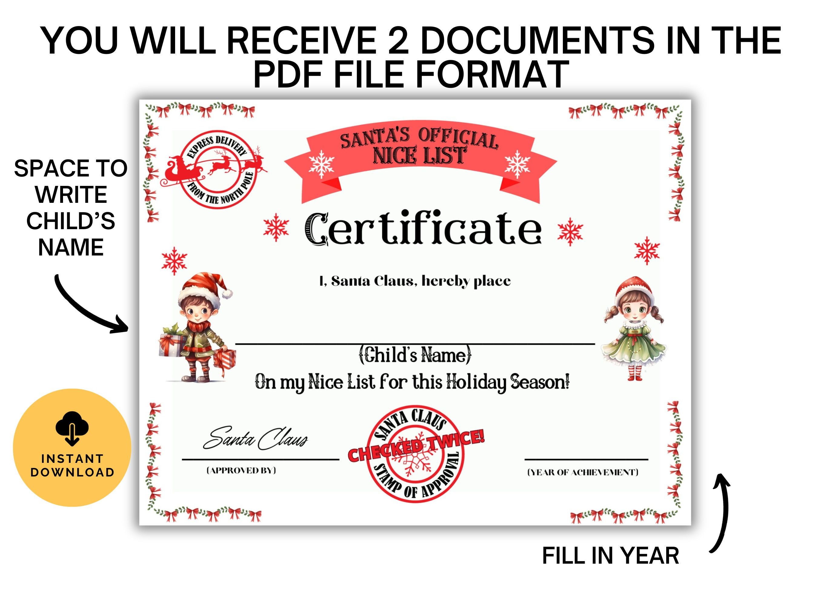 Santa's Nice List Certificate and Letter From Santa for Kids, Christmas ...