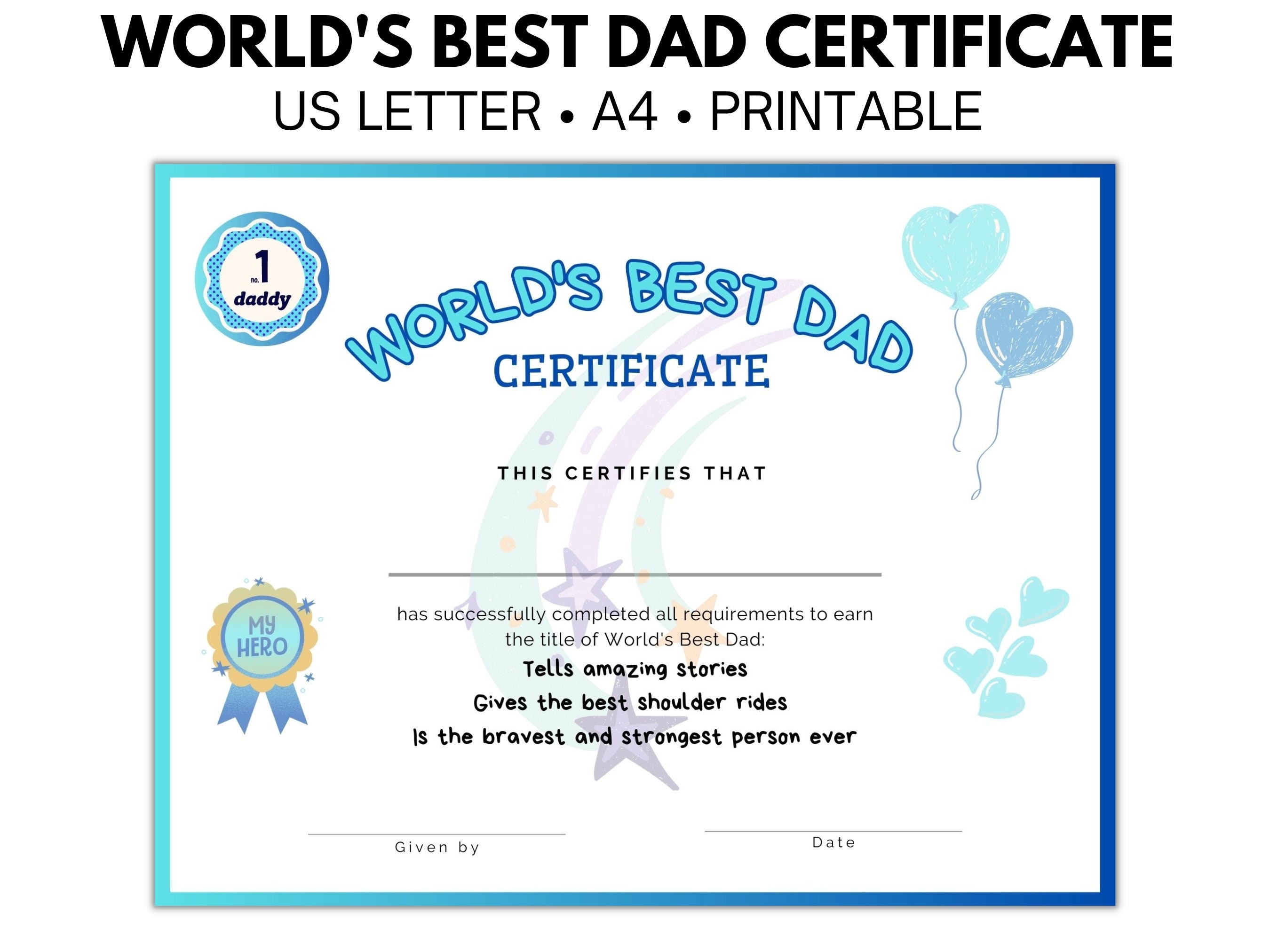 World's Best Dad Certificate Printable | Personalized Fathers Day Gift ...