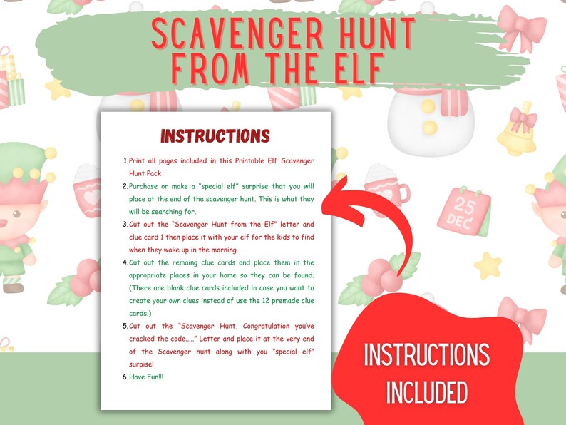 Elf Scavenger Hunt Printable - Fun Elf Games for Kids, Holiday Family ...