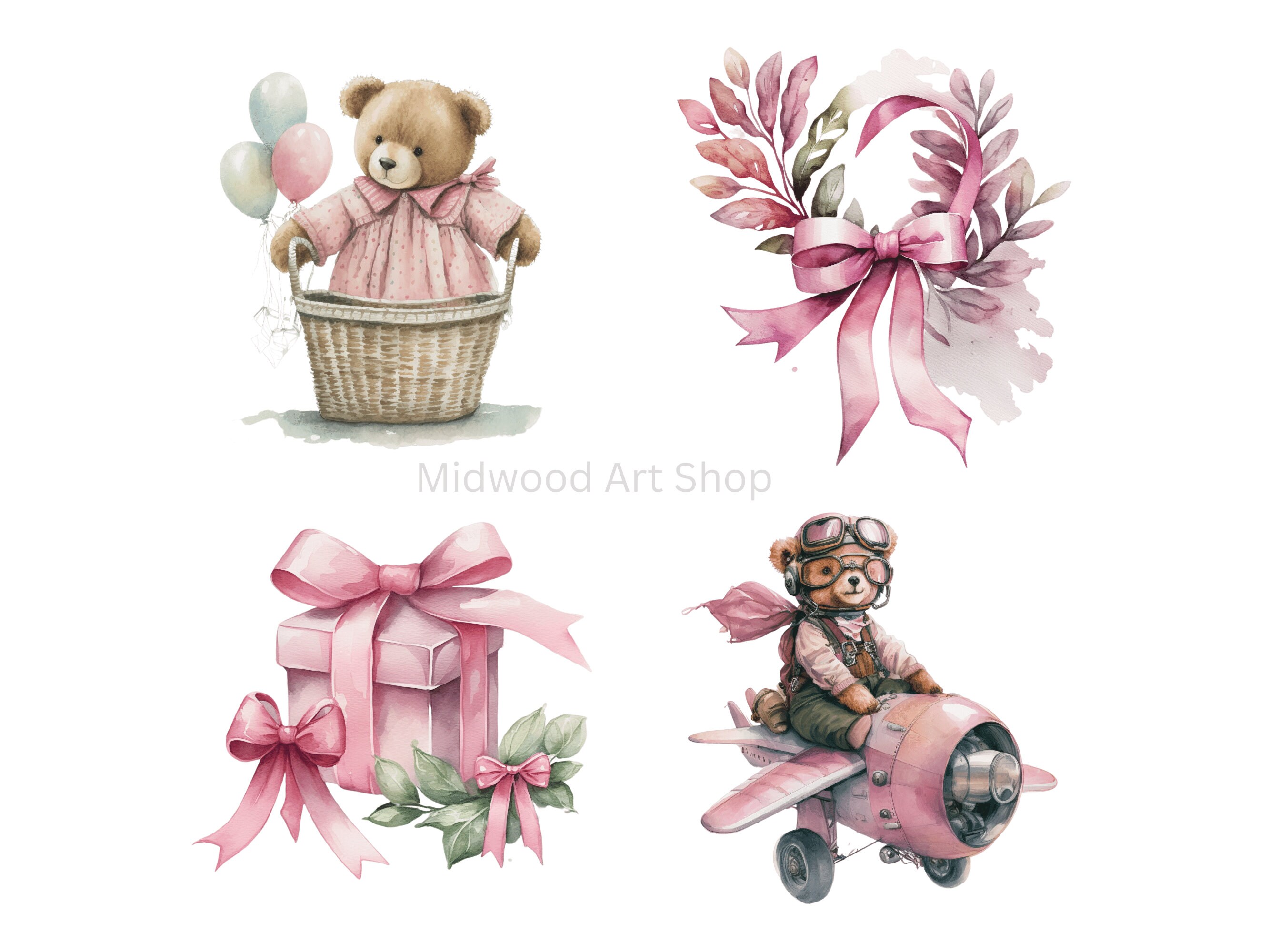 Watercolor Teddy Bear Clip Art Clipart Pack, Baby Shower for a Girl ...