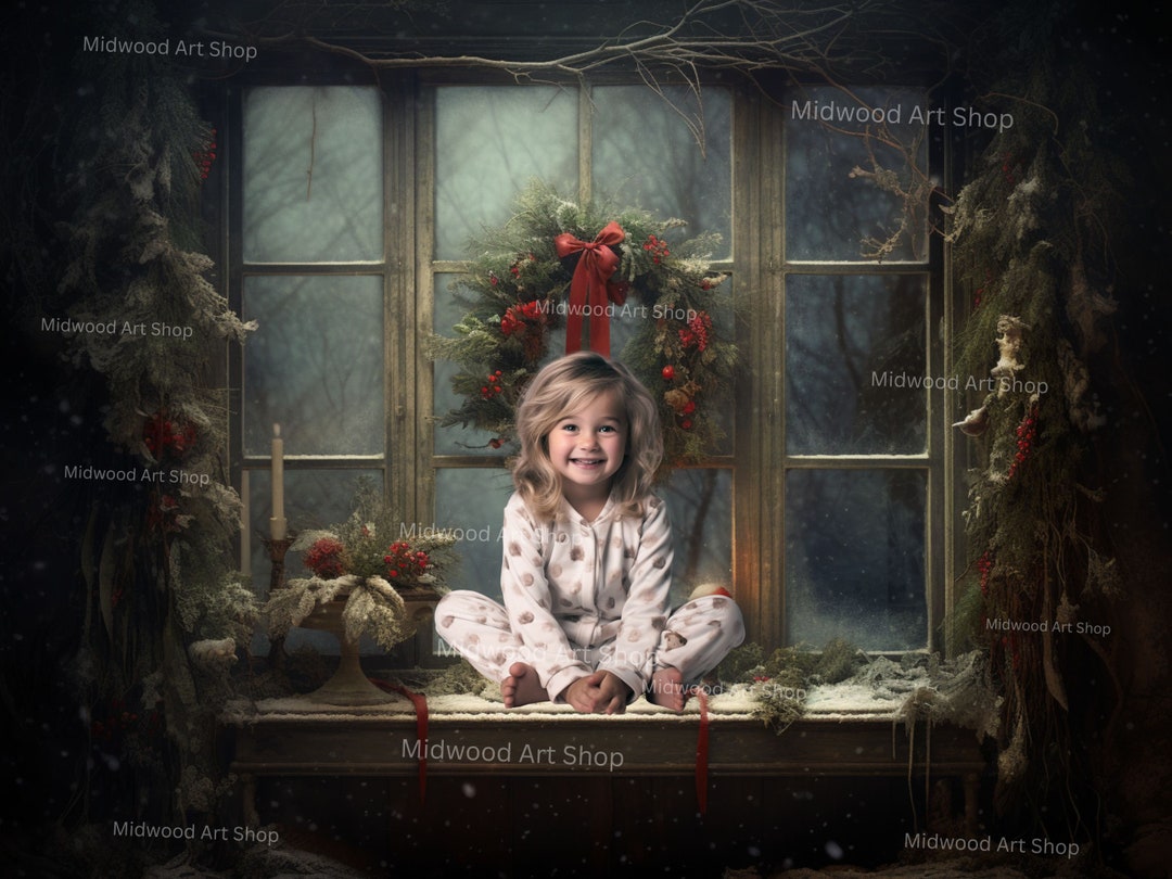 Vintage Christmas Window Digital Background, Christmas Window Backdrop ...