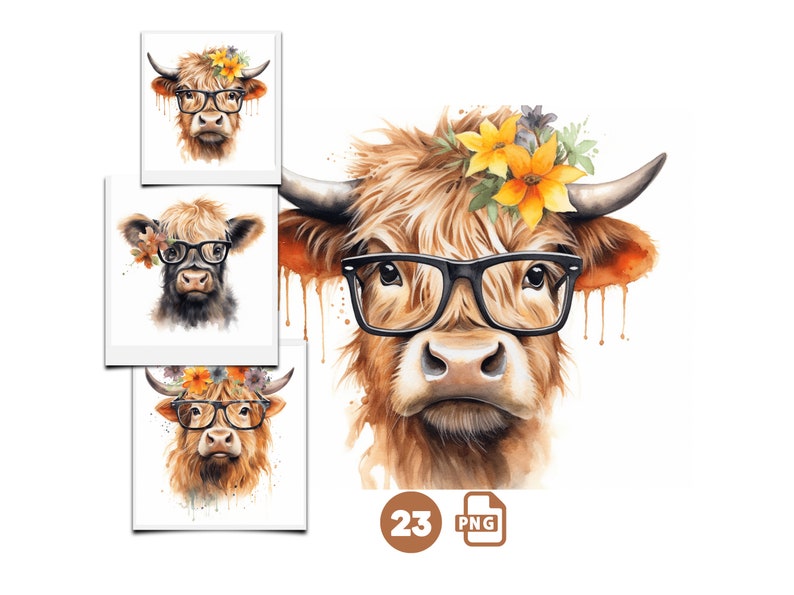 23 Highland Cow Wearing Glasses PNG, Watercolor Clipart, Cute Baby ...