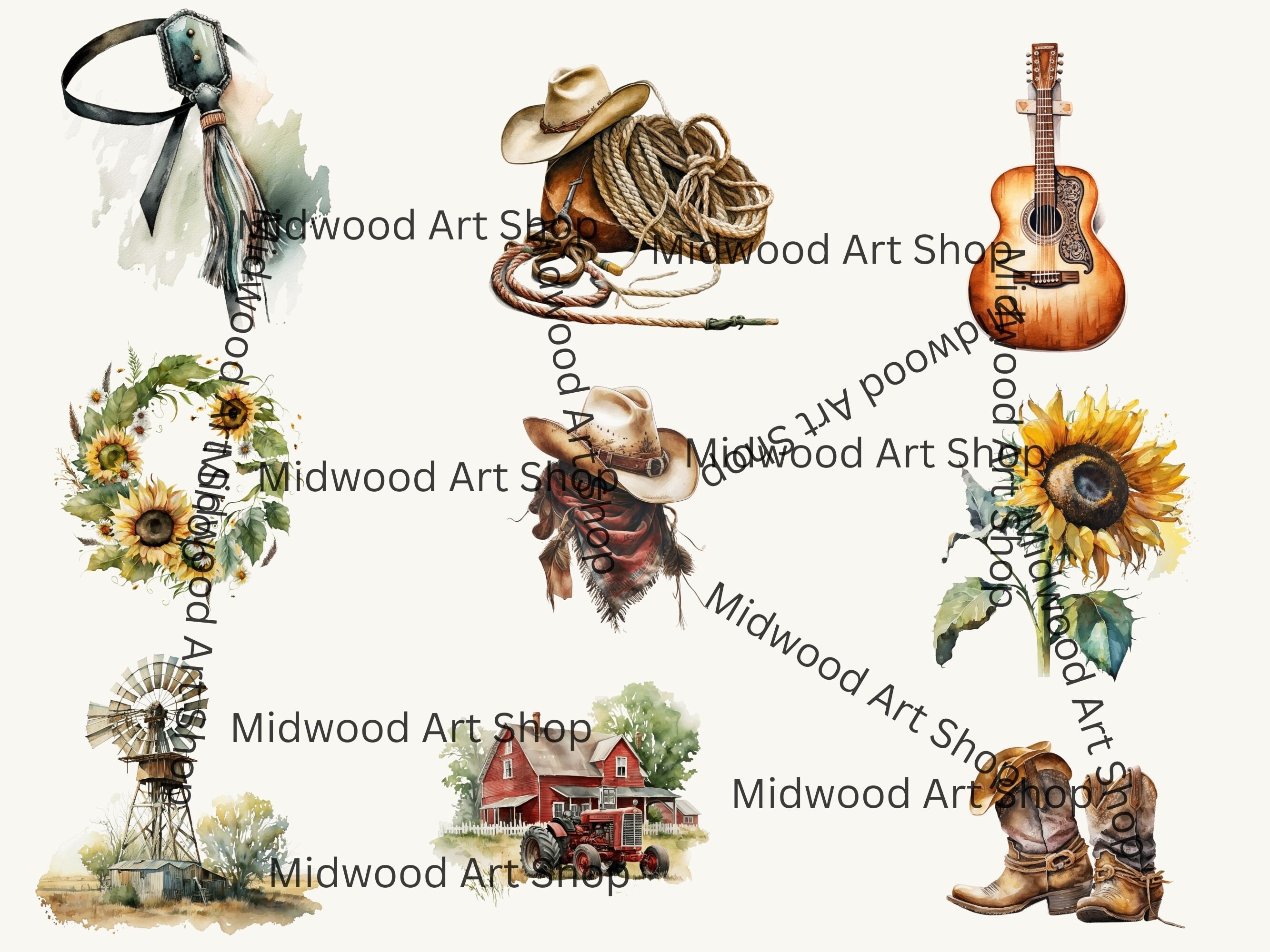 Western Watercolor Clipart, Texas Horse Ranch Cowboy Bundle PNG Format ...