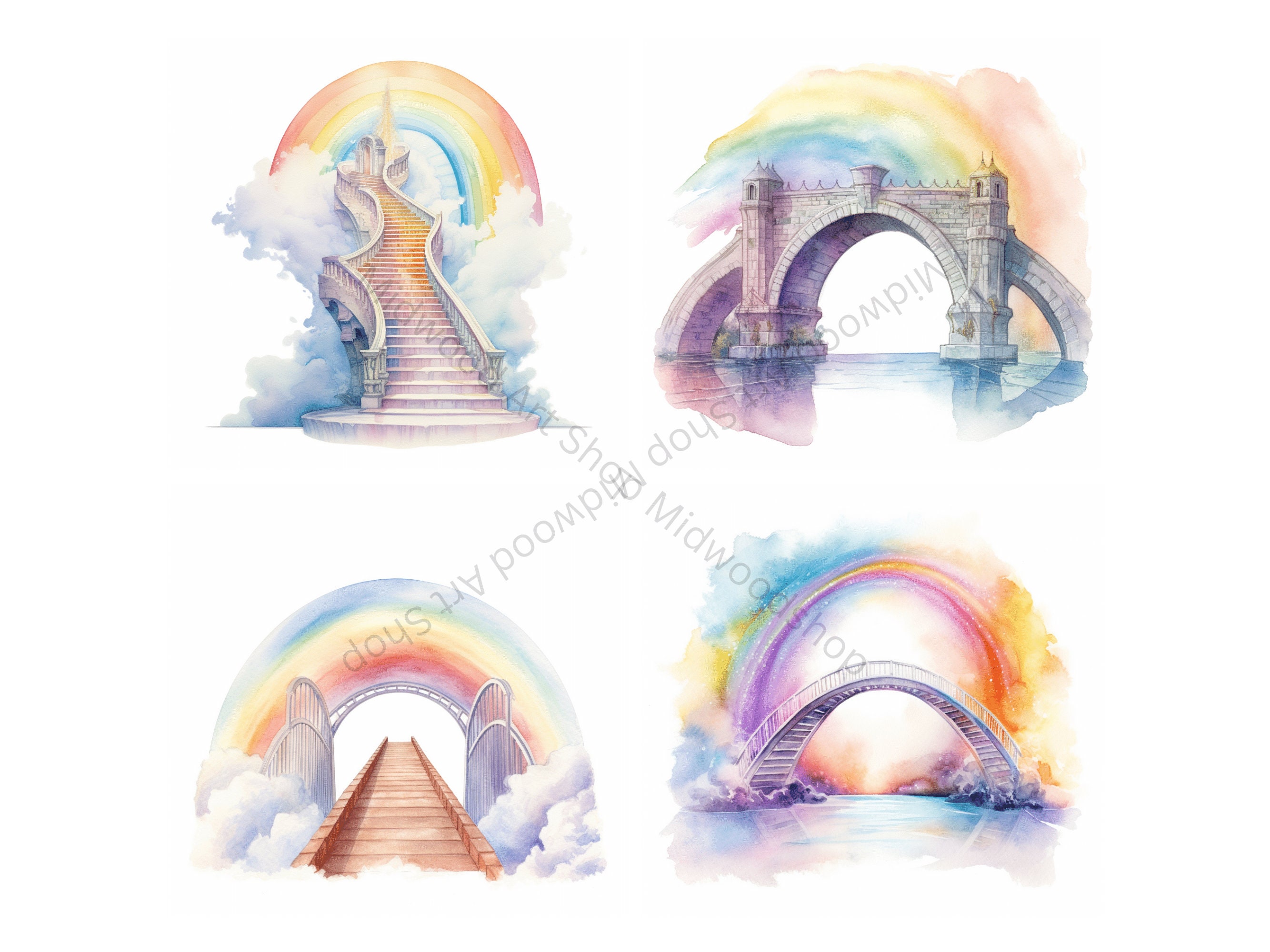 Pastel Watercolor Rainbow Bridges Clipart, Pet Memorial, Cloudy Heaven ...