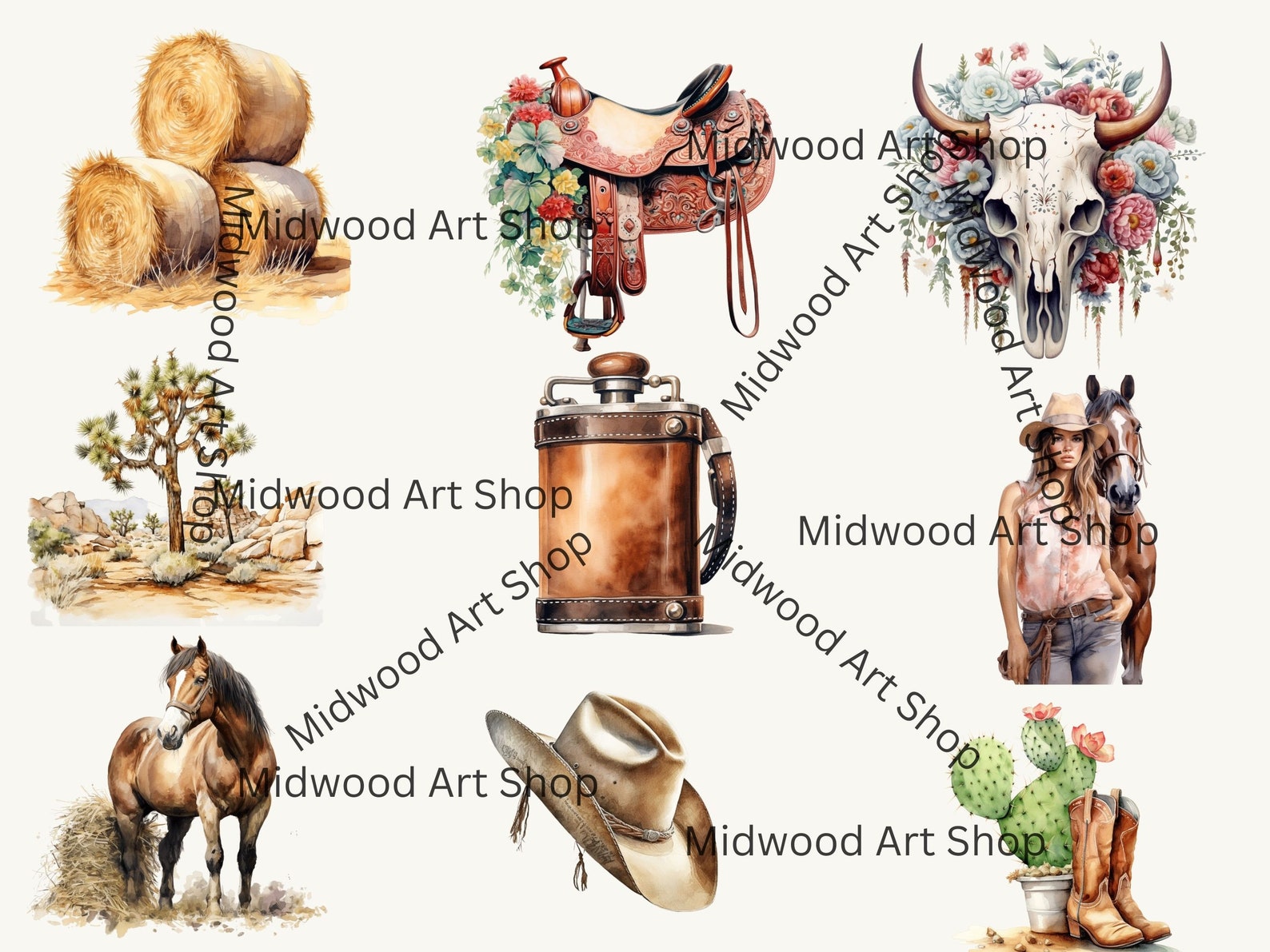 Western Watercolor Clipart, Texas Horse Ranch Cowboy Bundle PNG Format ...