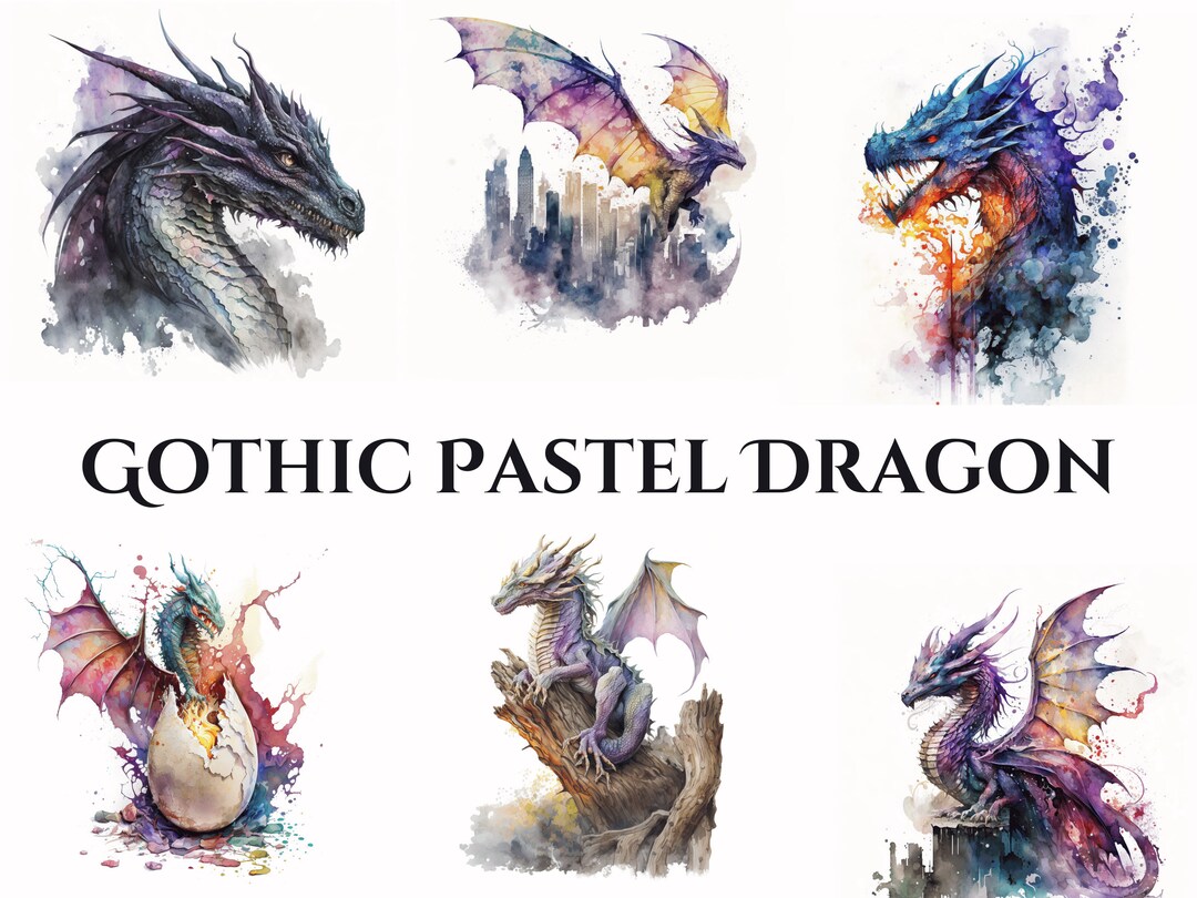 16 Gothic Dragons Watercolor Clipart, PNG, Dark Fantasy Black Dragon ...