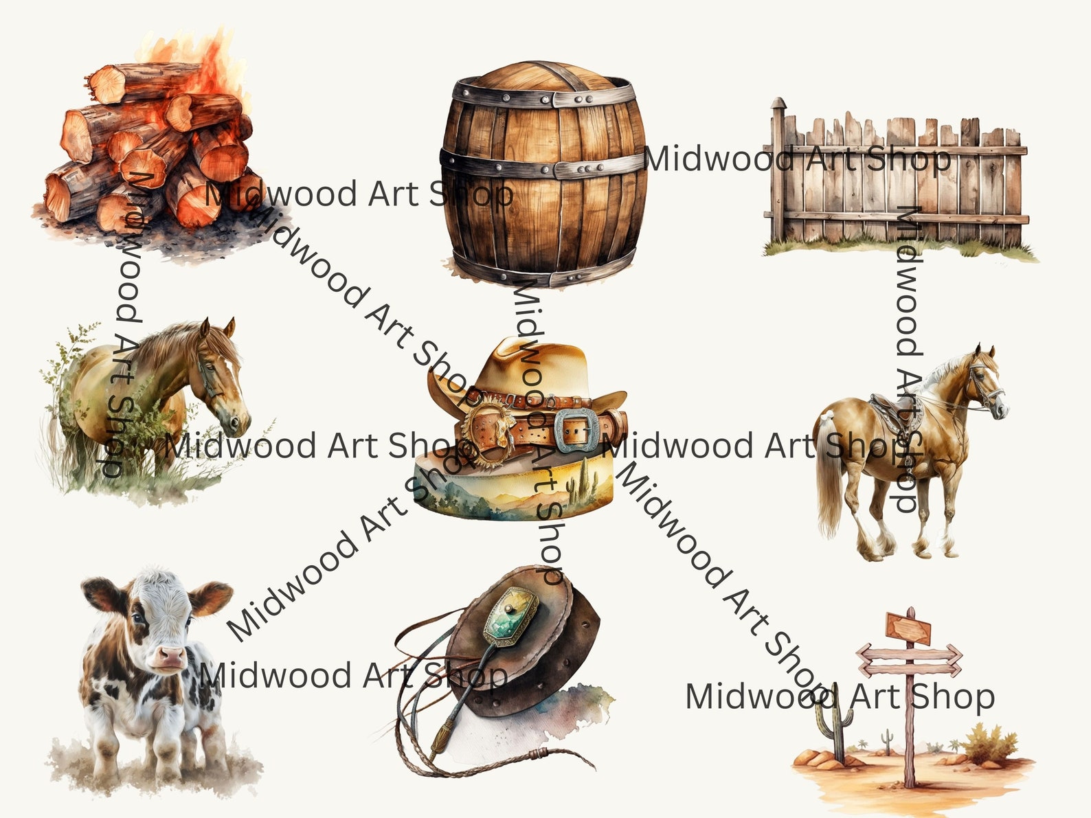 Western Watercolor Clipart, Texas Horse Ranch Cowboy Bundle PNG Format ...