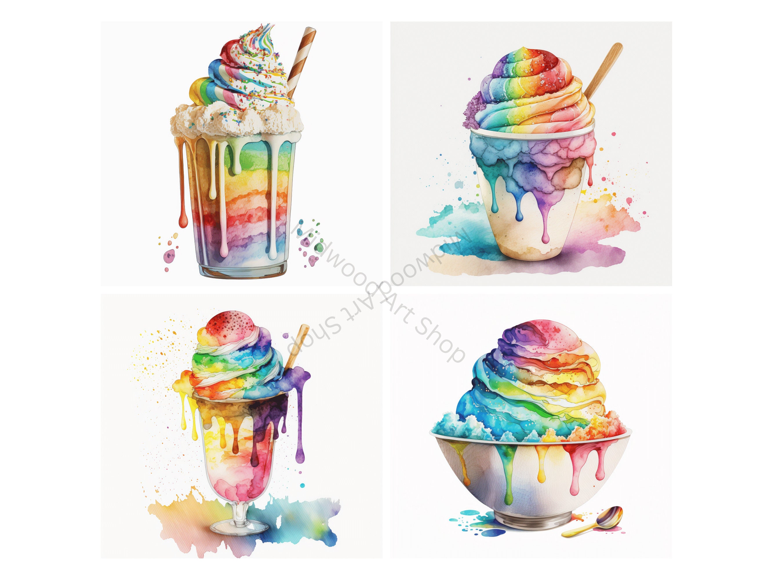 Rainbow Ice Cream Clipart, Ice Cream PNG, Watercolor Rainbow Cupcake ...