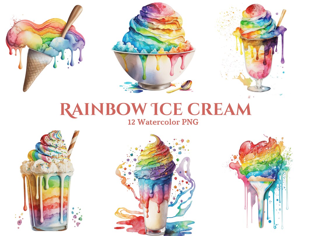 Rainbow Ice Cream Clipart, Ice Cream PNG, Watercolor Rainbow Cupcake ...