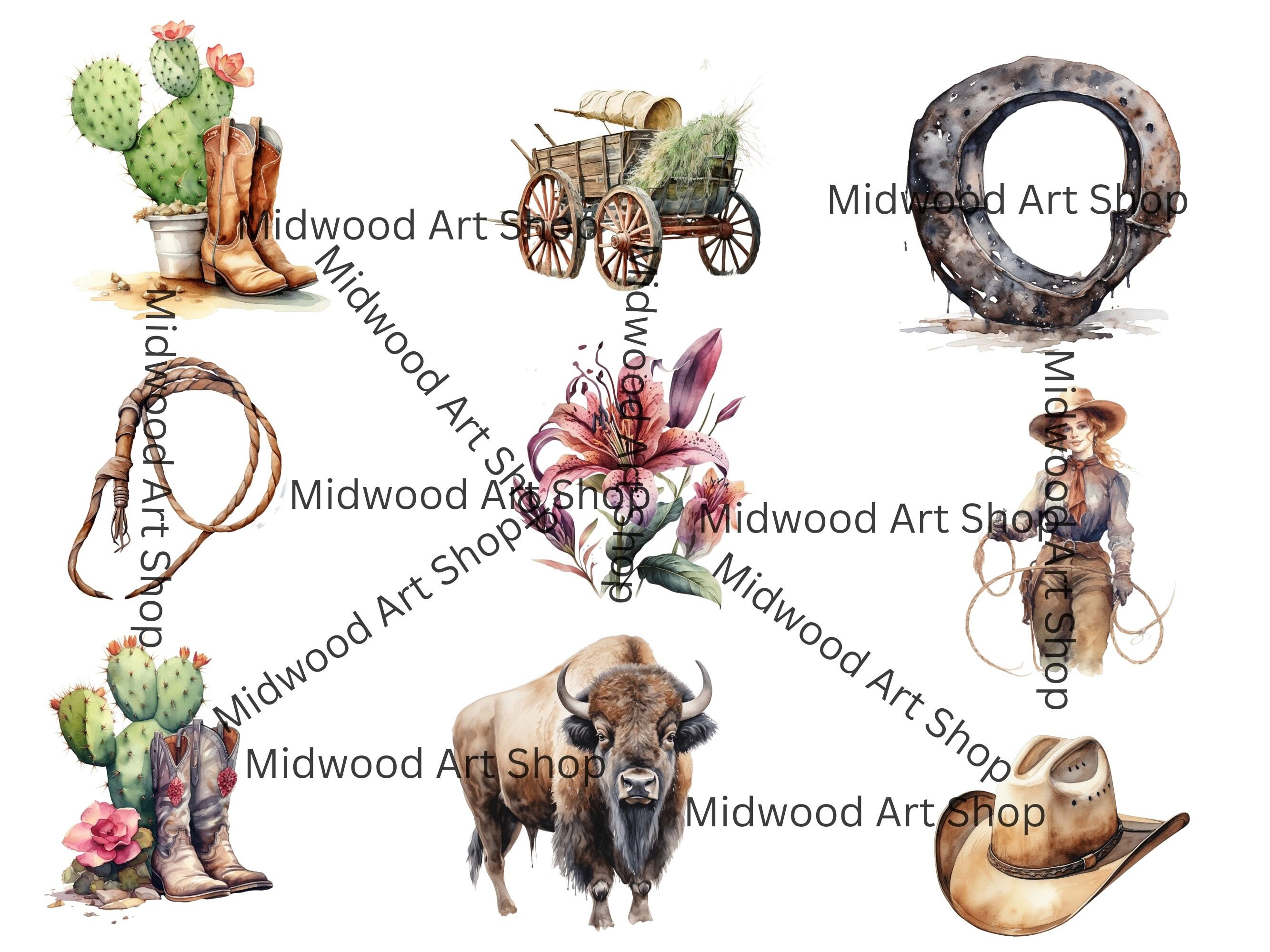 Western Watercolor Clipart, Texas Horse Ranch Cowboy Bundle PNG Format ...