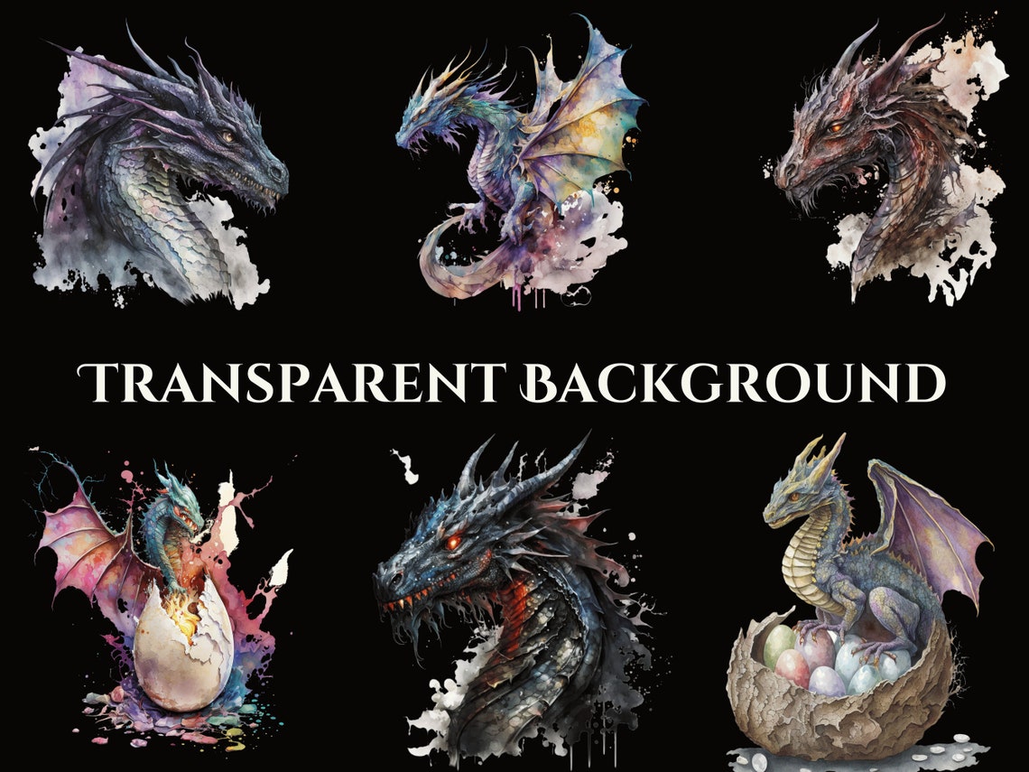 16 Gothic Dragons Watercolor Clipart PNG Dark Fantasy Black - Etsy