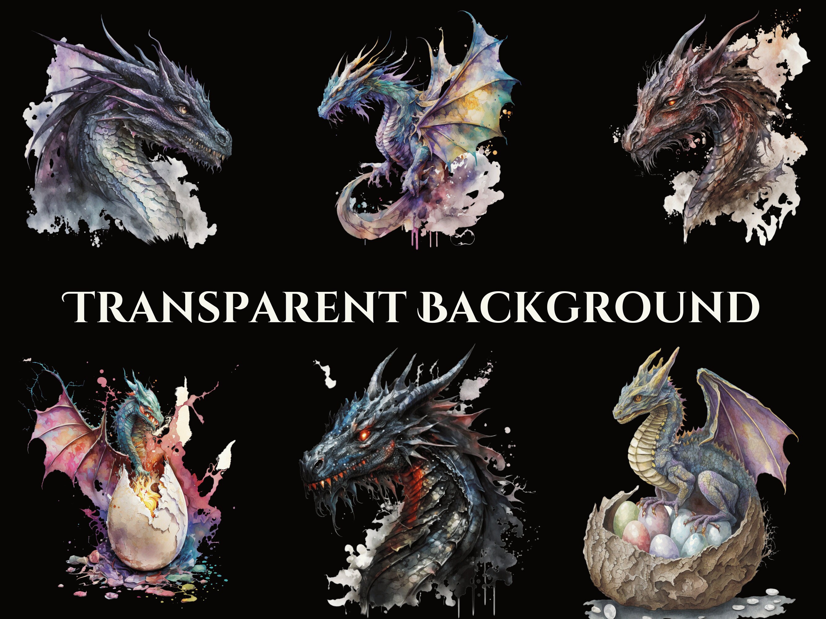 16 Gothic Dragons Watercolor Clipart, PNG, Dark Fantasy Black Dragon ...