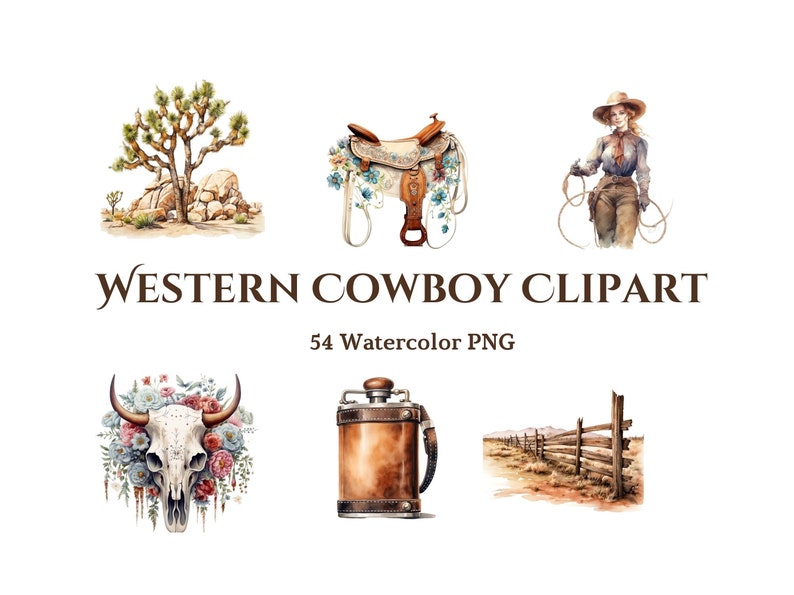 Western Watercolor Clipart, Texas Horse Ranch Cowboy Bundle PNG Format ...
