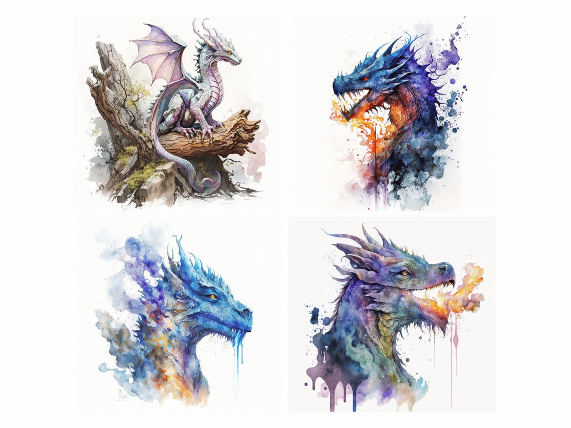 16 Gothic Dragons Watercolor Clipart PNG Dark Fantasy Black - Etsy