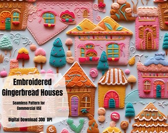 Embroidered Gingerbread Houses Seamless Pattern, Faux Embroidery Thread ...