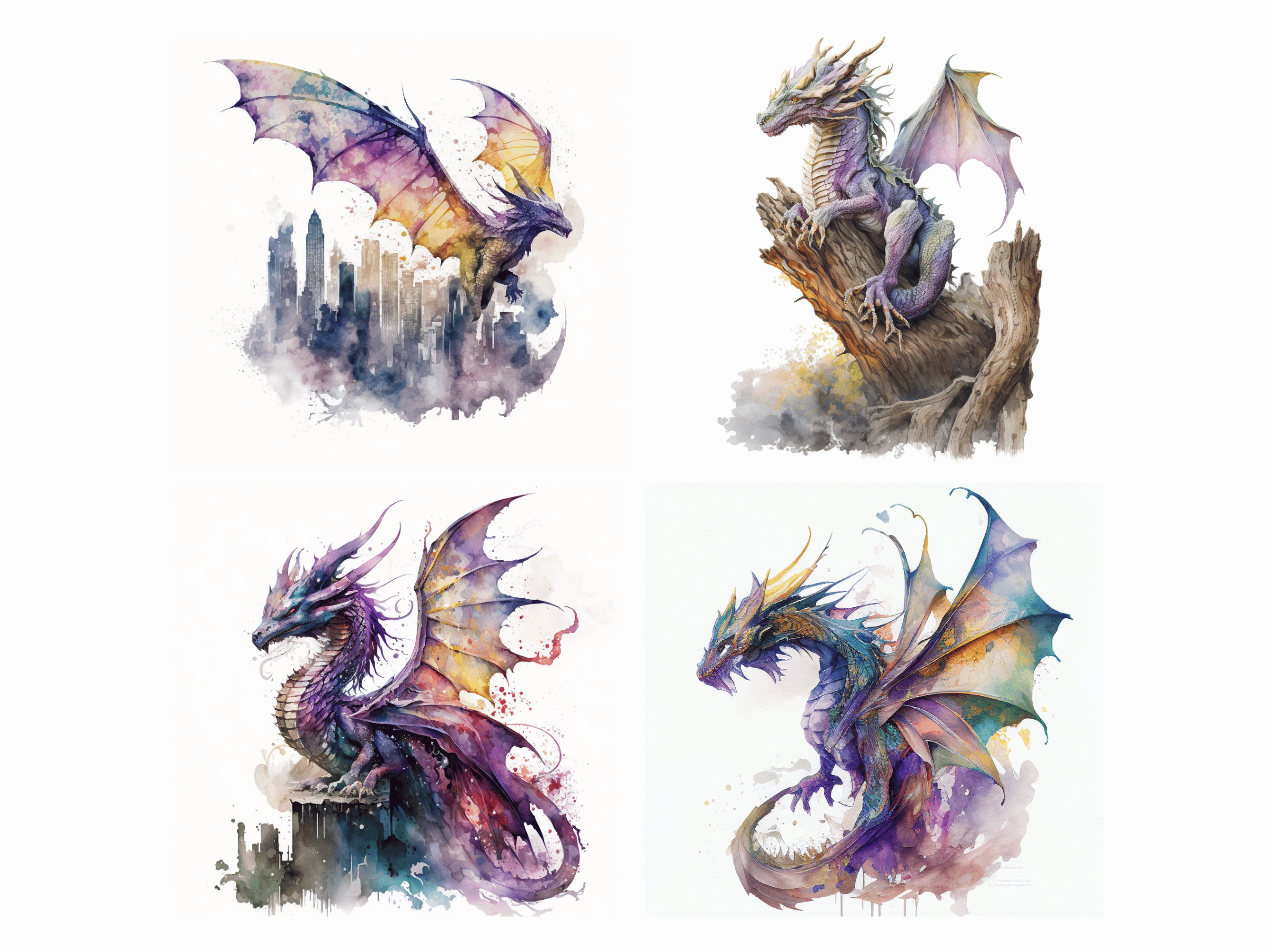 16 Gothic Dragons Watercolor Clipart, PNG, Dark Fantasy Black Dragon ...