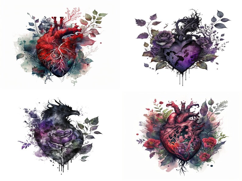 Gothic Floral Heart Clipart, Watercolor, Punk Art PNG Instant Download Commercial Use, Floral ...