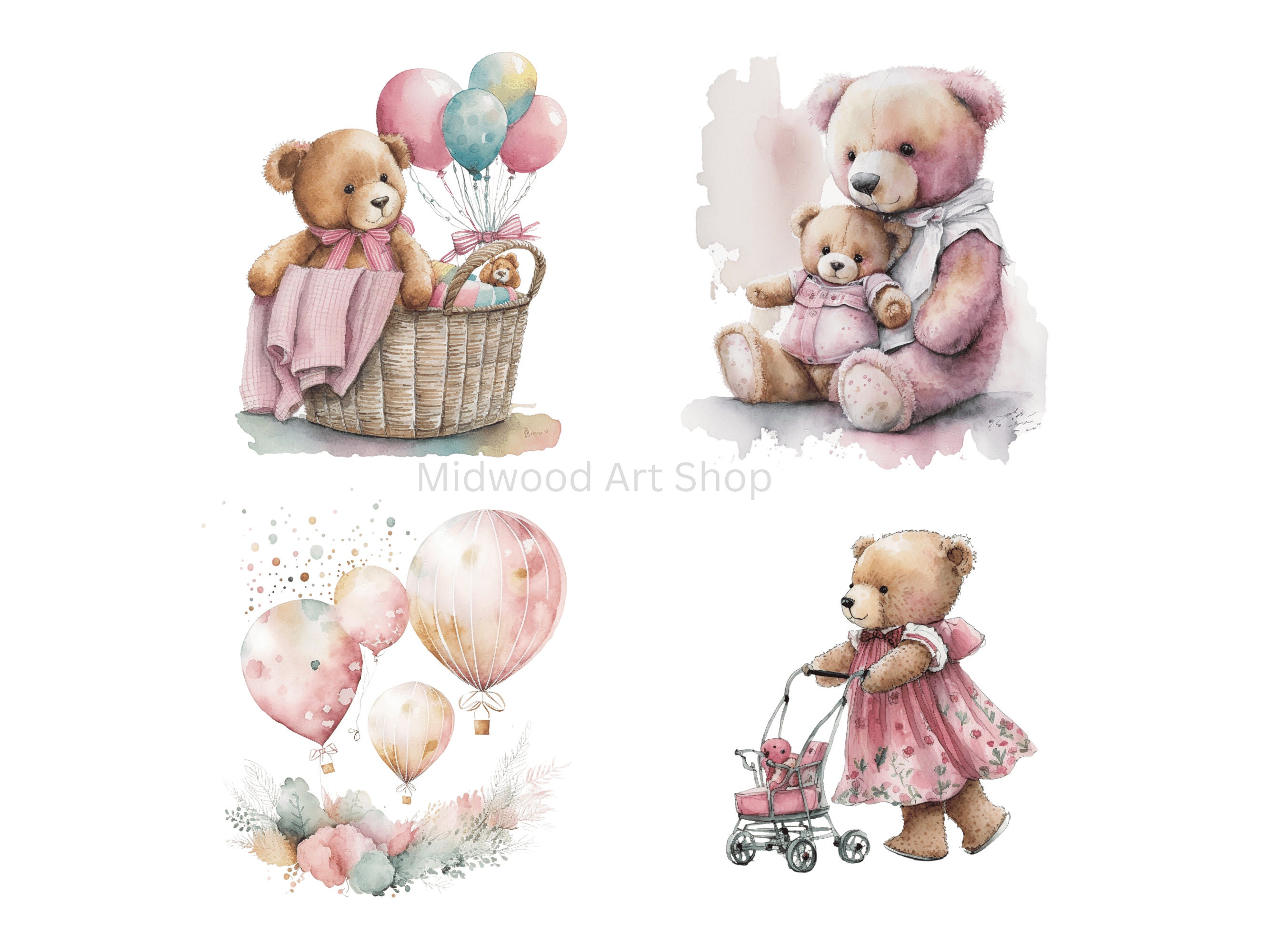 Watercolor Teddy Bear Clip Art Clipart Pack, Baby Shower for a Girl ...